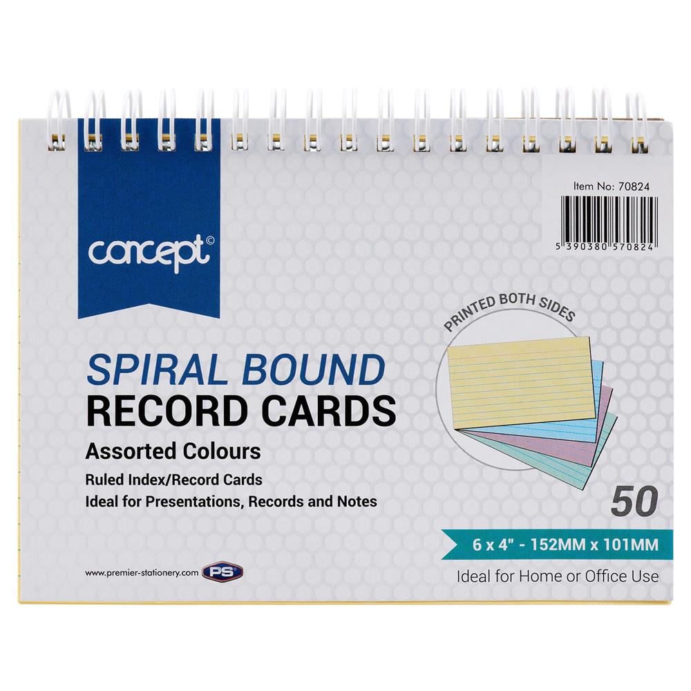Concept - Spiral Bound Record Cards - 6" x 4" - Assorted Colours - 50