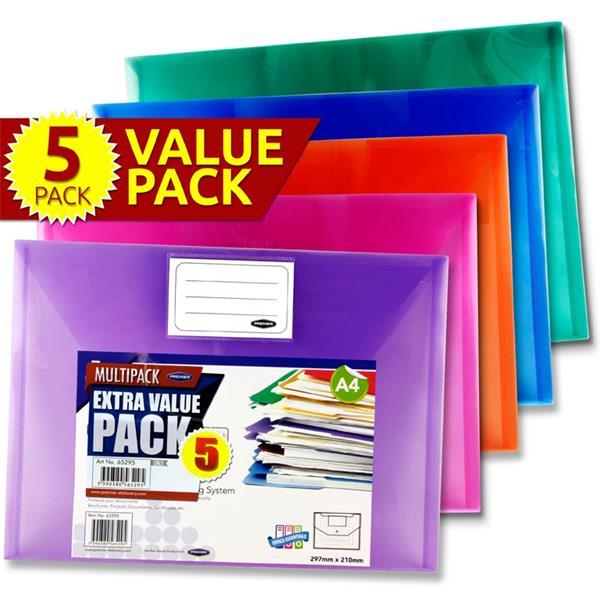 Premier Office Packet of 5 A4 Button Wallets - Coloured